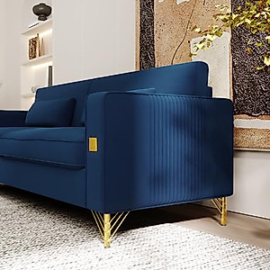 Velvet Sofa Couch Mid Century Modern Upholstered 3-Seater Loveseat with 2 Pillows and Armrest for Living Room, Apartment and Small Space, Retro Blue