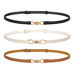 TRIWORKS 3 Pack Women Skinny Leather Belt Adjustable Thin Waist Belts with Alloy Buckle for Dresses Black/Beige/Brown