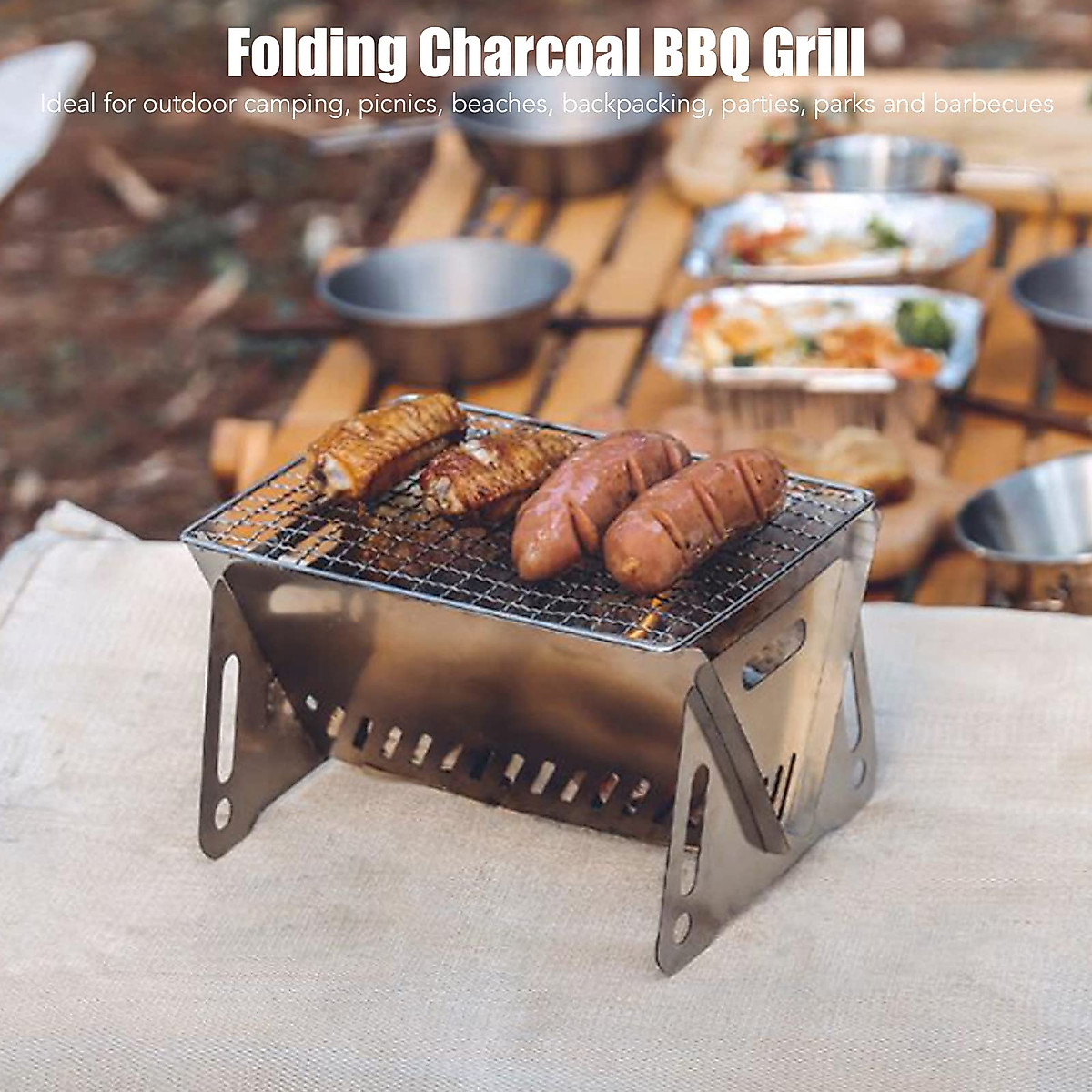 Topyond Foldable BBQ Grill, Portable Stainless Steel Charcoal Grill with Ventilation Holes, Heat Resistant Campfire Grill for Outdoor Cooking, Camping, Patio Use