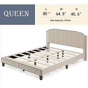 Queen Size Linen Upholstered Platform Bed Frame with Soft Nailhead Headboard and Wooden Slats Support, No Box Spring Needed for Boys Girls Teens Adults, Noise-Free, Under Bed Storage (Queen)