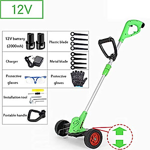 Electric Grass Trimmer , Cordless Lawn Mower with Wheel , 23cm Cutting Width（2 Lithium-Ion Battery & Quick Charger） Green