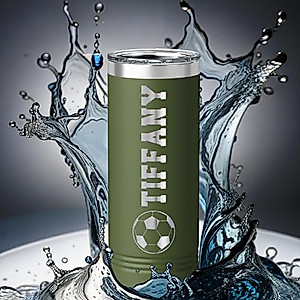 Personalized Soccer Ball Tumbler with Lid Laser Engraved on Army Green 22 oz Stainless Steel Insulated Cup Birthday Gift for Men, Women, Sports Lover