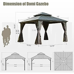 Domi 12’ X 12’ Hardtop Gazebo Canopy with Netting & Curtains, Outdoor Aluminum Gazebo with Galvanized Steel Double Roof for Patio Lawn and Garden, Gray