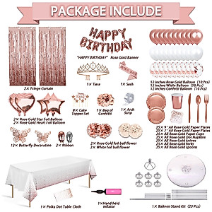 Guudmua 285 Pcs Rose Gold Party Decorations, Birthday Decorations For Women Or Girl - Knives, Forks and Spoons, Tiara, Butterfly, Sash, Paper Pom Poms, Balloon Stand, Tableware For 25 Guests