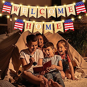 Welcome Home Banner Decoration with LED Fairy String Light 2 Flicker Mode, Patriotic Banner Bunting Welcome Home Sign for Housewarming Military Decoration Family Party 4th of July Supplies