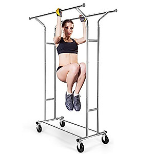 Auledio Clothes Garment Rack, Commercial Grade Clothes Rolling Heavy Duty Storage Organizer on Wheels with Adjustable Clothing Rack , Holds up to 250 lbs, Chrome (Two Heads)