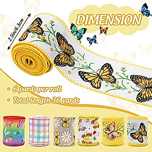 Whaline 6 Roll Butterfly Wired Edge Ribbon 36 Yards Colorful Butterfly Daisy Flower Plaids Craft Ribbon Spring Summer Farmhouse Fabric Ribbon for Gift Wrapping Hair Bow Sewing Wreath Crafts, 2.5 Inch