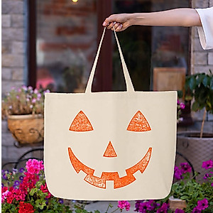 shop4ever Orange Jack O' Lantern Pumpkin Face Halloween Trick or Treat Jumbo Heavy Canvas Tote Reusable Shopping Bag Natural JUMBO 1