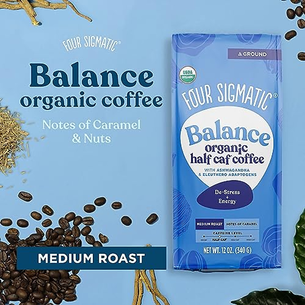 Four Sigmatic Organic Balance Adaptogen Ground Coffee | Medium Roast USDA Organic, Fair Trade Coffee with Ashwagandha, Chaga Mushroom, Eleuthero and Tulsi | Focus and Energy Boosting Coffee | 12oz Bag