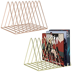 EZ Cozy 2 Pack Magazine Holders, Vinyl Record Holder, 9 Slots File Folder for Desk, Triangle Bookshelf, Desktop File Sorter, Desk Organizer for Office Home Decor (Gold, Rose Gold)