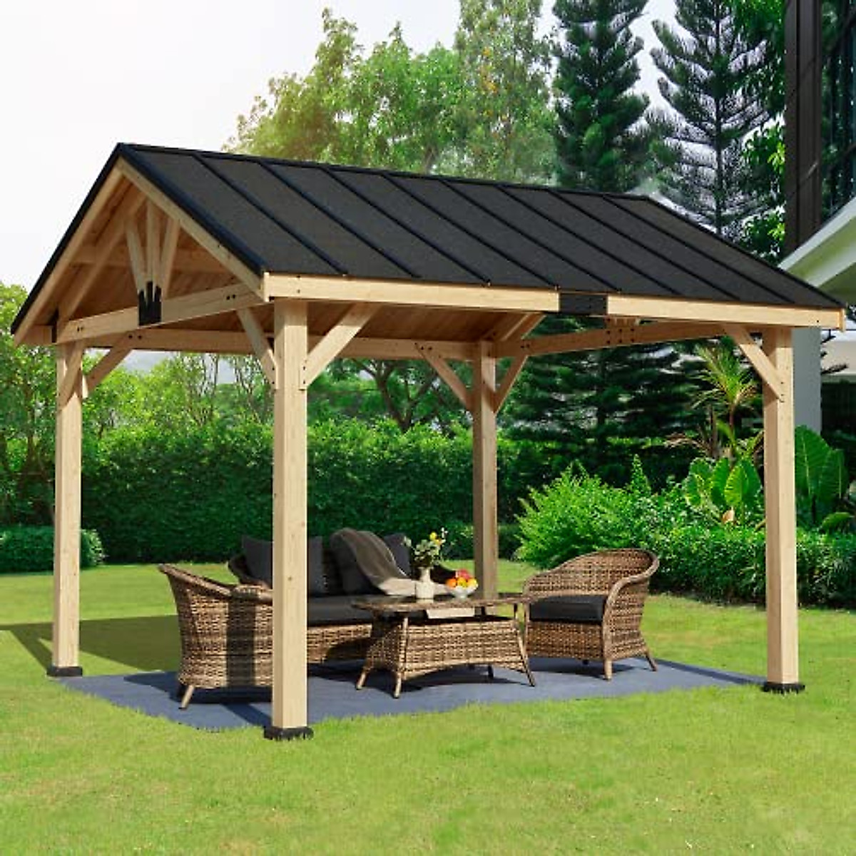 Small Wood pergola,11x12 FT Solid Wood Gazebo with Waterproof Asphalt Roof, Outdoor Permanent Hardtop Gazebo Canopy for Patio, Garden, Backyard(11x12FT Style2)