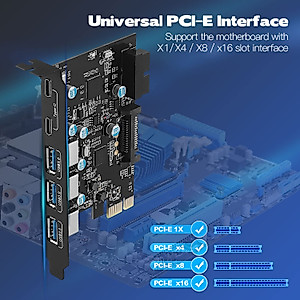 PCI-E x 1 to USB Expansion Card, USB 3.0 5Gpbs(3 x USB A - 2 x USB C - 1 x Internal 19-Pin Header) - USB PCI Express Card, PCIE Motherboard Card for PC Desktop, Support Windows Mac OS Linux