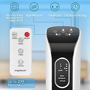 Aigostar Tower Fan, 42inch Oscillating Cooling Fan with Remote, Quiet Bladeless Floor Fan, 3 Speeds, 3 Modes, 10H Timer, LED Display with Touch Control, White Standing Fan for Bedroom Home Office