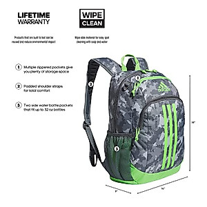 adidas Creator 2 Backpack, Essential Camo Grey/Lucid Lime Green/Onix Grey, One Size