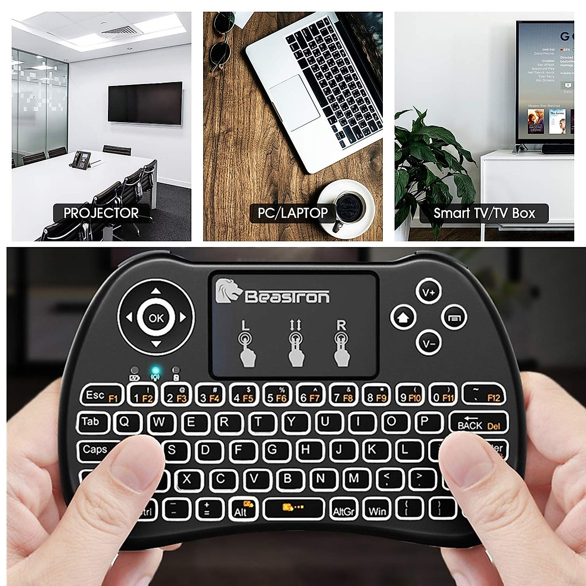 Beastron (Upgraded) 2.4G Mini Wireless Keyboard with Touchpad Mouse＆QWERTY Keyboard, Backlit Portable Keyboard Wireless with Remote Control for Laptop,PC,Google Android TV,Xbox,PS3/4 .Black