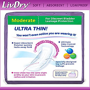 LivDry Incontinence Ultra Thin Pads for Women | Leak Protection and Odor Control | Extra Absorbent (Moderate 16-Count)