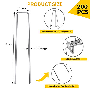 CEWOR 200 Pack Landscape Staples 6 Inches, 11 Gauge Galvanized Landscape Fabric Stakes Metal Garden Ground Stakes Sod Pins for Lawn, Barrier Fabric, Holding Fence, Ground Cover