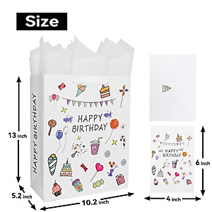 13" Large White Gift Bag Set with Greeting Card and Tissue Papers (Cake and Ice Cream) for Boys, Girls or Kids Birthday Party, Baby Shower