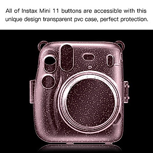 Fintie Protective Clear Case for Fujifilm Instax Mini 11 Instant Film Camera - Crystal Hard Shell Cover with Removable Rainbow Shoulder Strap, Glittering Pink