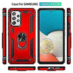 YZOK Case for Samsung Galaxy A53 Case,with HD Screen Protector, [Military Grade] Ring Car Mount Kickstand Hybrid Hard PC Soft TPU Shockproof Protective Case for Samsung A53 (Red)