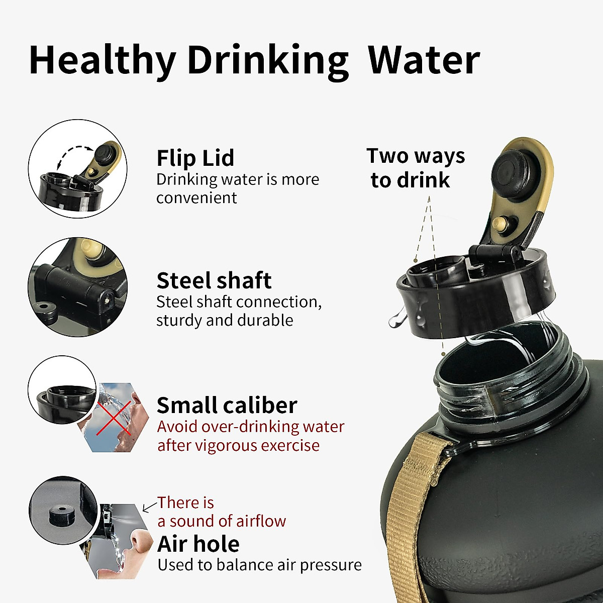 TOOFEEL 2 Liter Water Bottles - Half Gallon Water Bottle BPA Free - Ideal for Gym, Big Water Jug, Reusable Sports Bottle with Measurements Marked Drink Container (2.2L 74oz Matte Black Water Jugs)