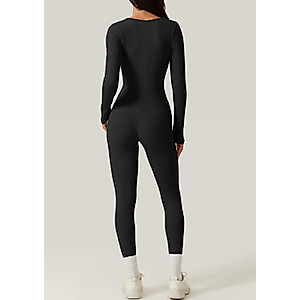 QINSEN Woman's Square Neck Long Sleeve High Waist Long Leggings Jumpsuit Black S