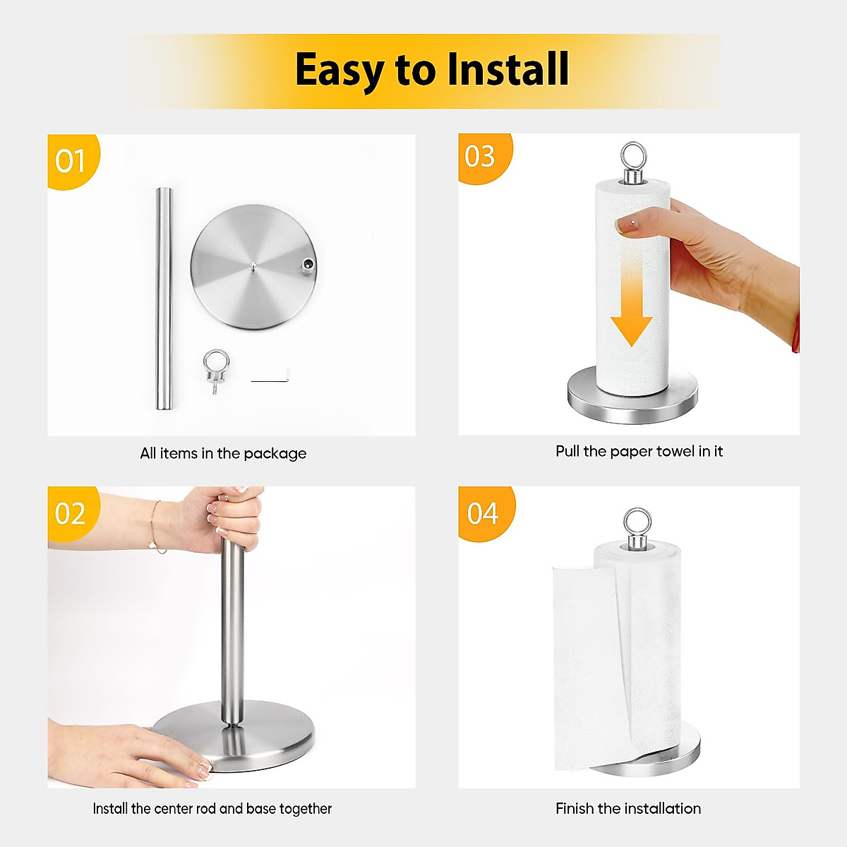 Coopvivi Paper Towel Holder Stainless Steel - One Hand Tear Paper Towel Dispenser Standing Weighted Base Non Slip, Stainless Steel Paper Towel Fits in Kitchen (Silver)