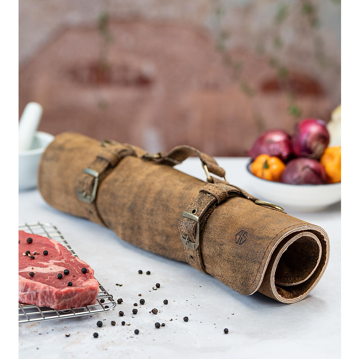 Knife Roll Bag Genuine Leather – knife case for Chefs 7 slots – Leather Knife with handle and strap Frank (Brown-Antique)