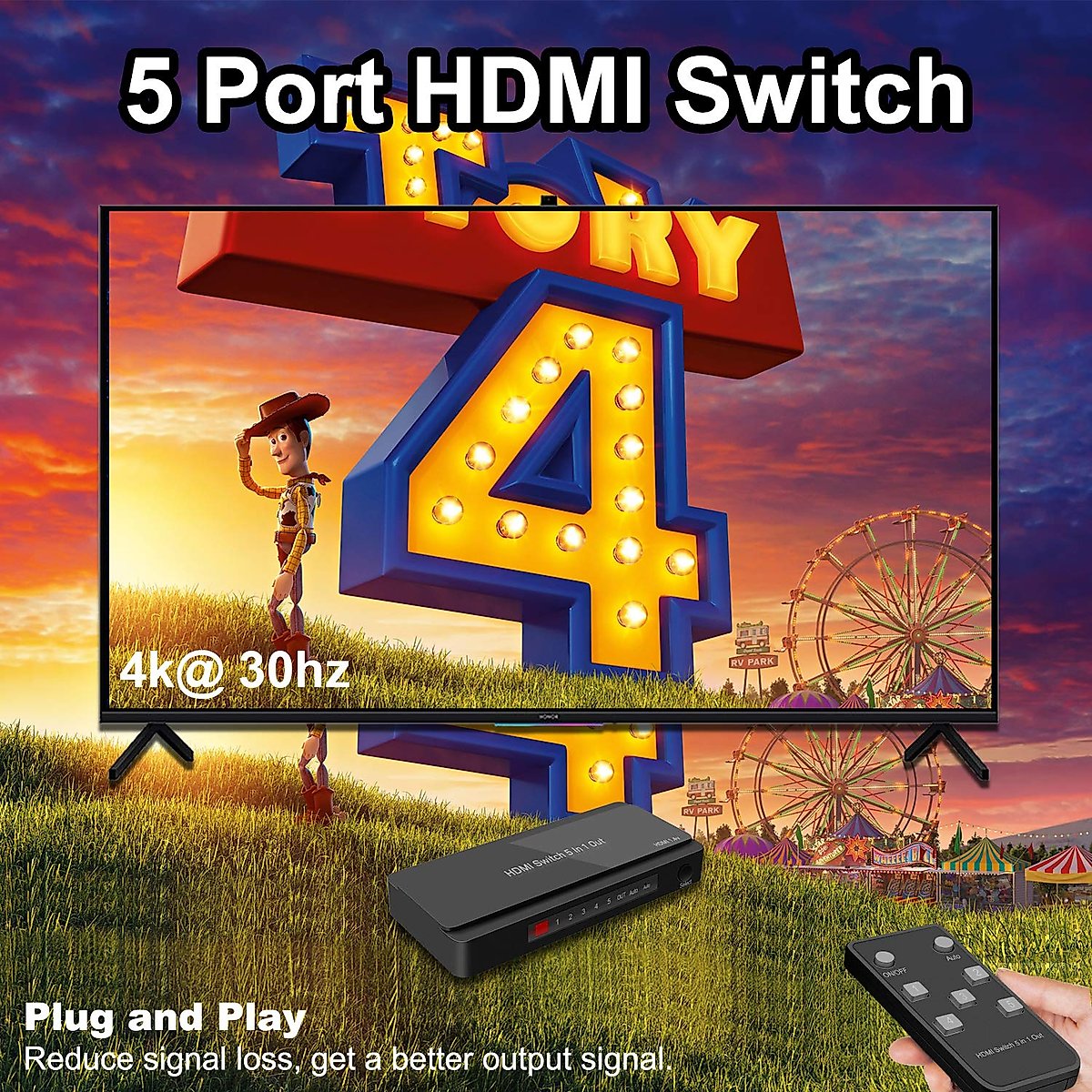 RuiPuo 5Por tHDMI Switcher, HDMI Selector 5 in 1 Out with PIP Function and IR Wireless Remote Control for Fire Stick, Xbox, PS3/4, Roku, Apple TV and DVD Players ect Support 4K, 3D Ultra HD