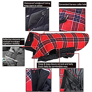 Sychien Dog Plaid Winter Reflective Large Coat,Windproof Waterproof Cold Weather Thunder Anxiety Calming Jacket,Coats for Boy Girl Puppy Dogs,Christmas Red XL