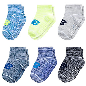 New Balance Baby Boys' Socks - 6 Pack Quarter Cut Non-Skid Gripper Socks (Infant/Toddler), Size 2-4T, Assorted Color Grip