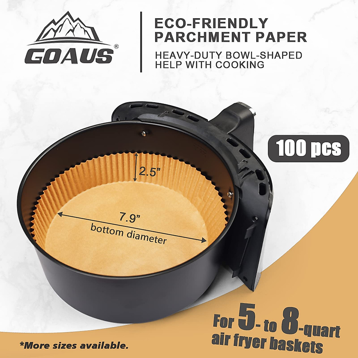 GOAUS Air Fryer 100 Pcs Round Paper Liners Disposable Large for 5 to 8 Qt Basket, 7.9 inch Unbleached Non-stick Oil-proof Parchment Paper