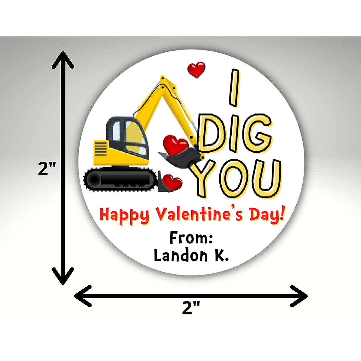 Personalized Construction Digger Valentine's Day Stickers for Kids 20-Count, 2 inch, Custom Classroom Valentines Favor for Boys, Happy Valentine's Day Labels