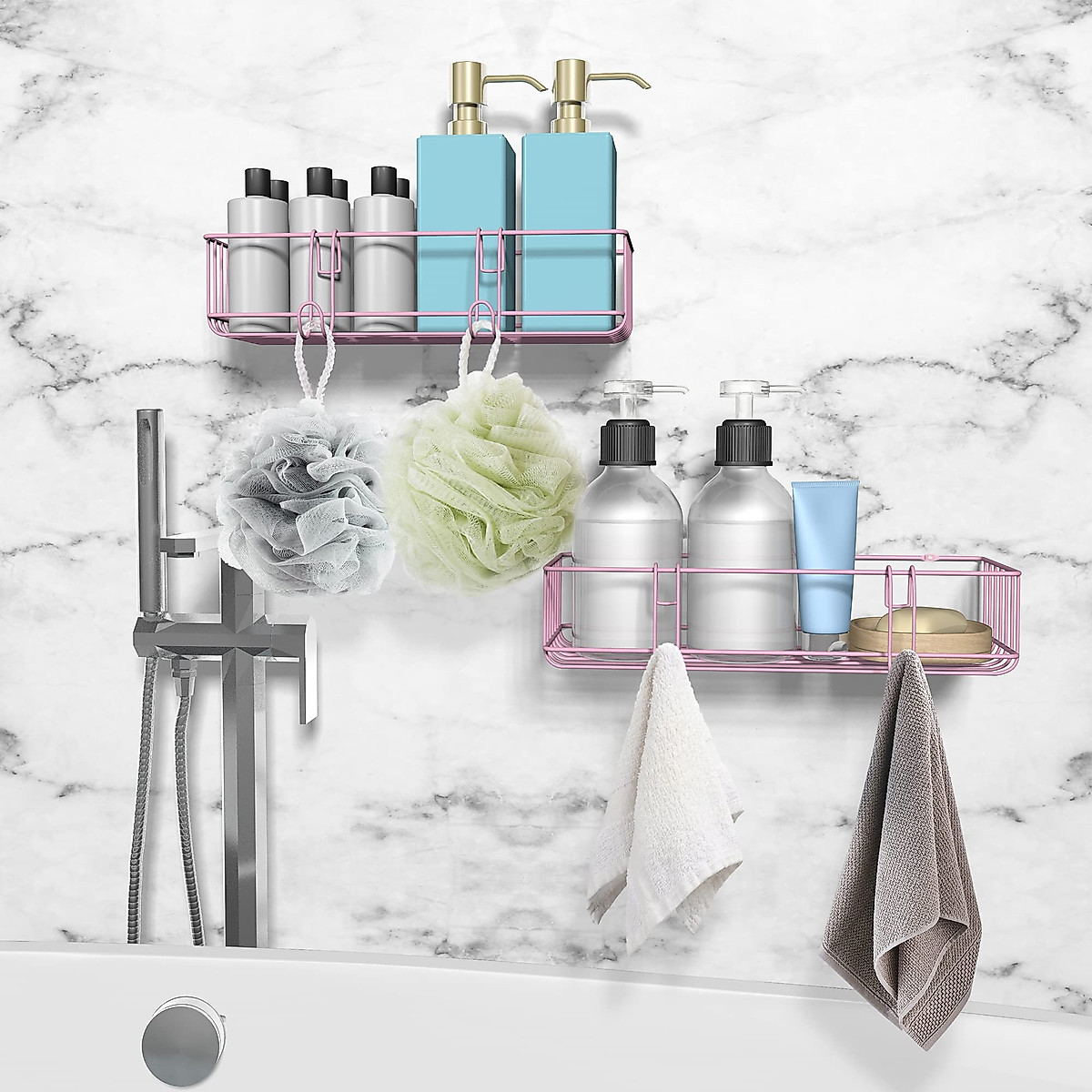 TONLEA Shower Caddy, Shower Organizer for Bathroom, 2-Pack Rustproof Stainless Steel Shower Shelves with Hooks for Bathroom Storage, Adhesive or Drilling Kitchen Organization, Pink