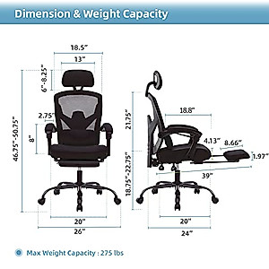 SMUG Office Reclining High Back Desk, Ergonomic Home Mesh, Tilt and Lock,Computer Swivel Task Chair with Lumbar Support Pillow,Adjustable Headrest,Retractable Footrest and Padded Armrests, Black
