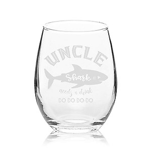 Veracco Uncle Shark Needs a Drink Stemless Wine Glass Funny Shark Gifts For Uncle Birthday Fathers Day (Clear, Glass)