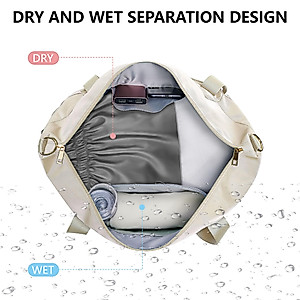 Travel Bags for Women, Sports Gym Duffle Bag with Foldable Shoe Compartment, Large Weekender Overnight Bag with Wet Pocket and USB Charging Port for Women Traveling, Gym Tote, Yoga (Beige)