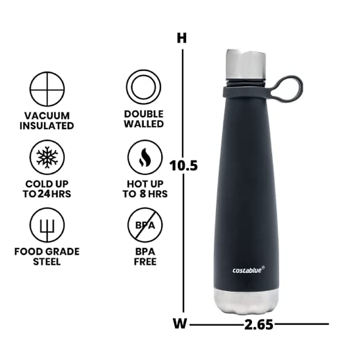 Costablue Insulated Water Bottle - On-The-Go Refillable Stainless Steel Water Bottles For Adults, Reusable Thermos Travel Tumbler With Leak-proof Lid For Hot & Cold Beverages (17 Oz. Matte Black)