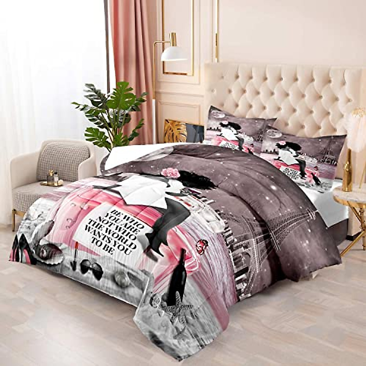 LUVIVIHOME Black Girl Magic Comforter Set for Women, Pink King Size Comforter, African Girl Bedding Sets, Eiffel Tower Beach Romantic Paris Bedroom Decor for Teen Girls, 1 Quilt and 2 Pillowcases