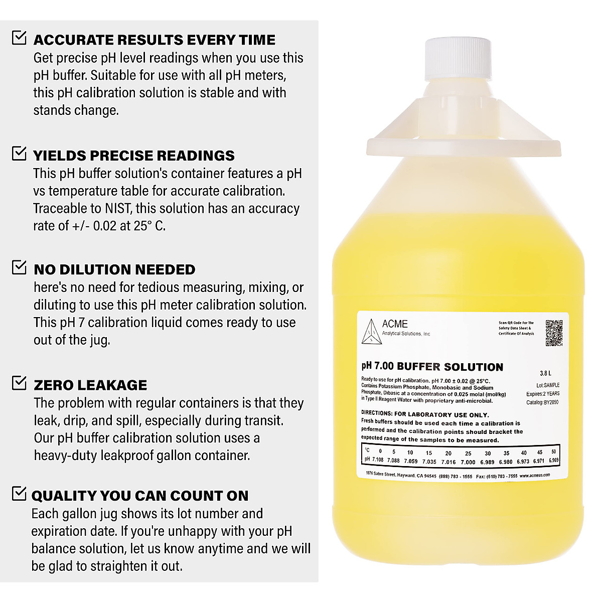 ACME Analytical Solutions pH 7 Buffer Solution, pH Calibration Solution, pH Meter Calibration Solution, NIST Traceable Reference Standard, Designed for All pH Meters, 3.8 Liter (1 Gallon)