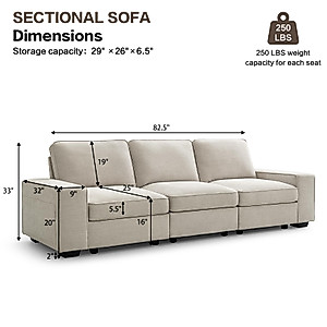 LEISLAND 100” Deep Seat Sofa Couch with Storage, Modular Sectional Cloud Sofa Couches for Living Room, Chenille Couches and Sofas with Low-Back Cushion and Detachable Cover(Beige)