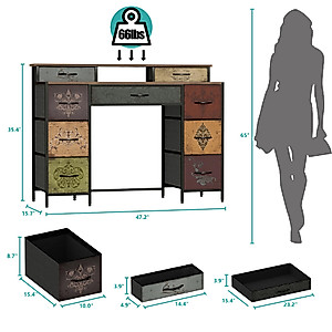 VASICAR Dresser for Bedroom with 9 Drawers & 2 Open Shelves, Fabric Storage Dresser, Chest of Drawers, Long Dresser for Closet, Wooden Top & Metal Frame, Pattern