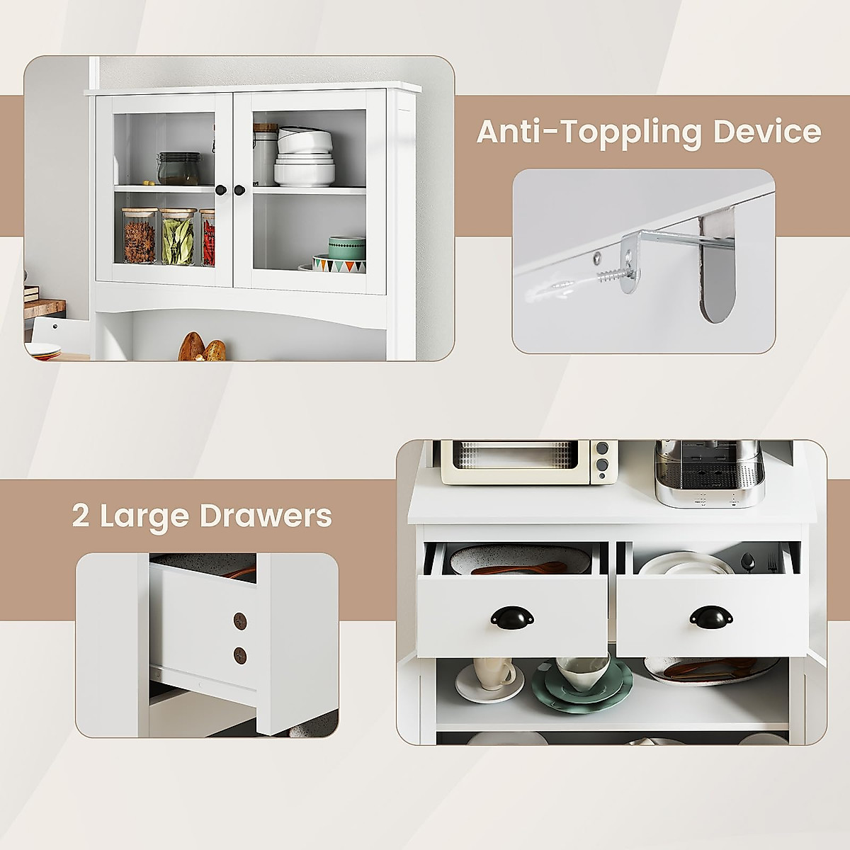 SILKYDRY 67” Kitchen Hutch Storage Cabinet, Tall Pantry Buffet Cabinet with Glass Doors, Adjustable Shelves, 2 Large Drawers, Dining Room Cupboard, Kitchen Hutch with Countertop