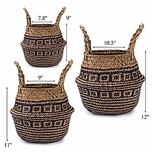 Yesland 3 Pcs Woven Seagrass Belly Basket for Storage, Ideal Cross Pattern Plant Pot, Laundry & Picnic Basket for Home or Outdoor Use - Black (S,M,L)