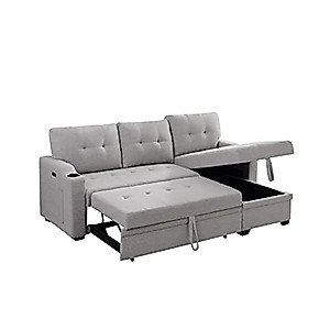 FANYE Linen Upholstery Tufted Sofa&Couch,L-Shaped Corner Reversible Sleeper Sectional Sofa Couch Sofabed w/Storage Chaise,Cupholders, USB Charging Port and Pockets for Living Room Furniture Set