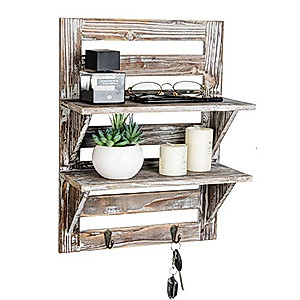 Liry Products Rustic Wooden Wall Mounted Shelves Iron Hooks Two-Tier Storage Rack Brown Torched Distressed Wood Display Shelf Organizer Farmhouse Decorative Holder Home Office Kitchen Living Room