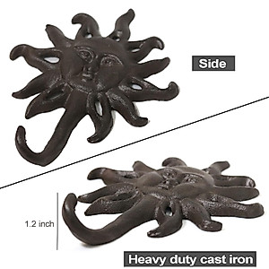 Coat Hooks, 2Pcs Heavy Duty Vintage Cast Iron Hook with Screws for Home Wall Hanging, Wall Mounted Antique Black Hooks for Coat, Scarf, Bag, Towel, Key, Cap (Sun Shape)