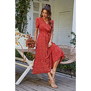 PRETTYGARDEN Women's 2024 Floral Boho Dress Wrap V Neck Short Sleeve Belted Ruffle Hem A-Line Flowy Maxi Dresses (Red Floral,Large)