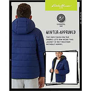 Eddie Bauer Boys' Reversible Jacket - Deer Harbor Waterproof Lightweight Puffer Coat with Faux Shearling Lining (5-20), Size 18-20, Navy