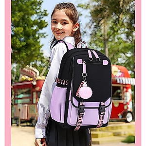 Bevalsa School Backpack for Girls, Girls Backpack with Lunch Box, Bookbag for Girls Kids Elementary Middle High School College Student 21L Casual Daypack Children Schoolbag with USB Charging Port (Purple)